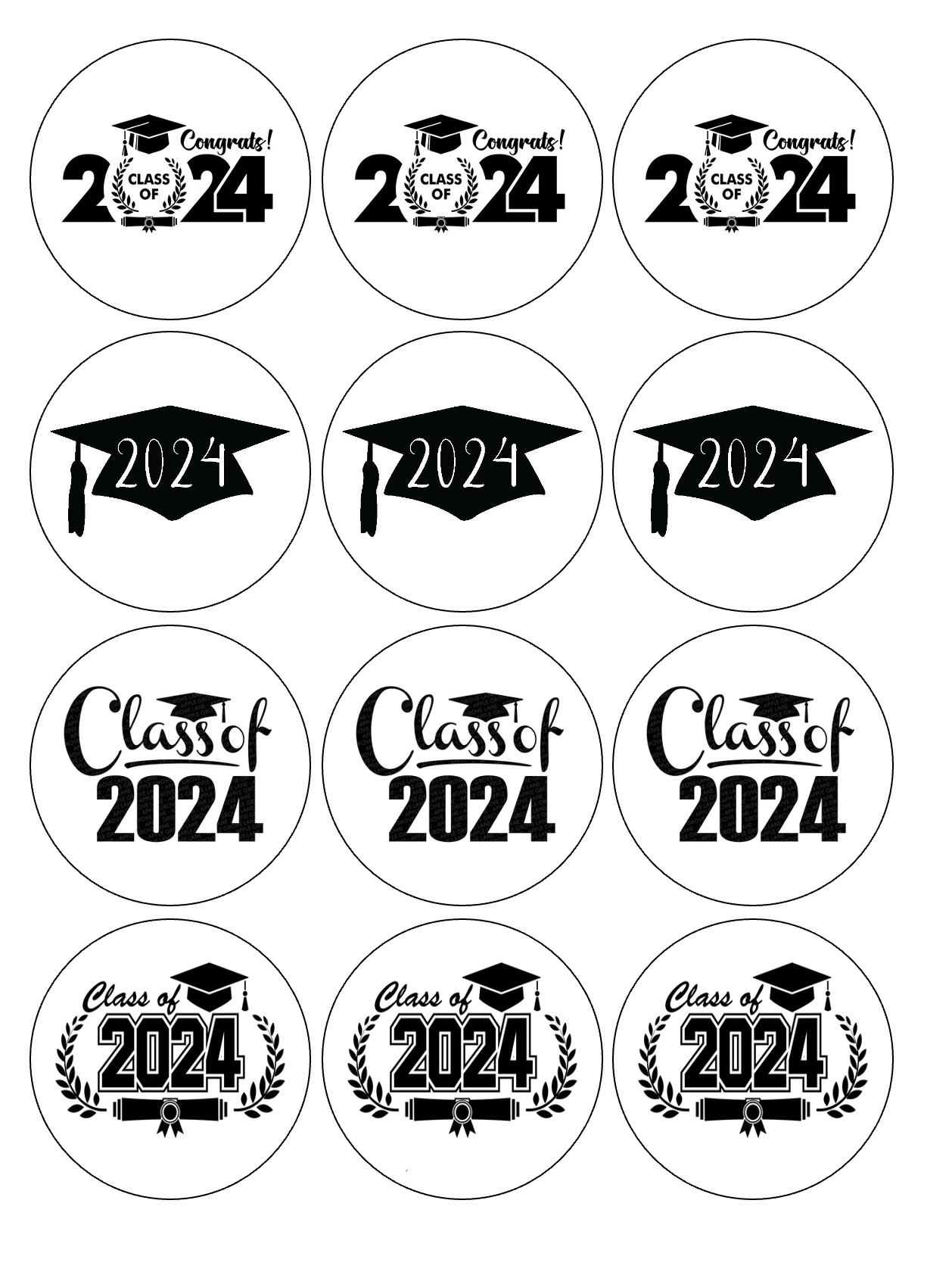 Set of 12 "2024 Graduation" pre cut edible image discs for desserts, d ...